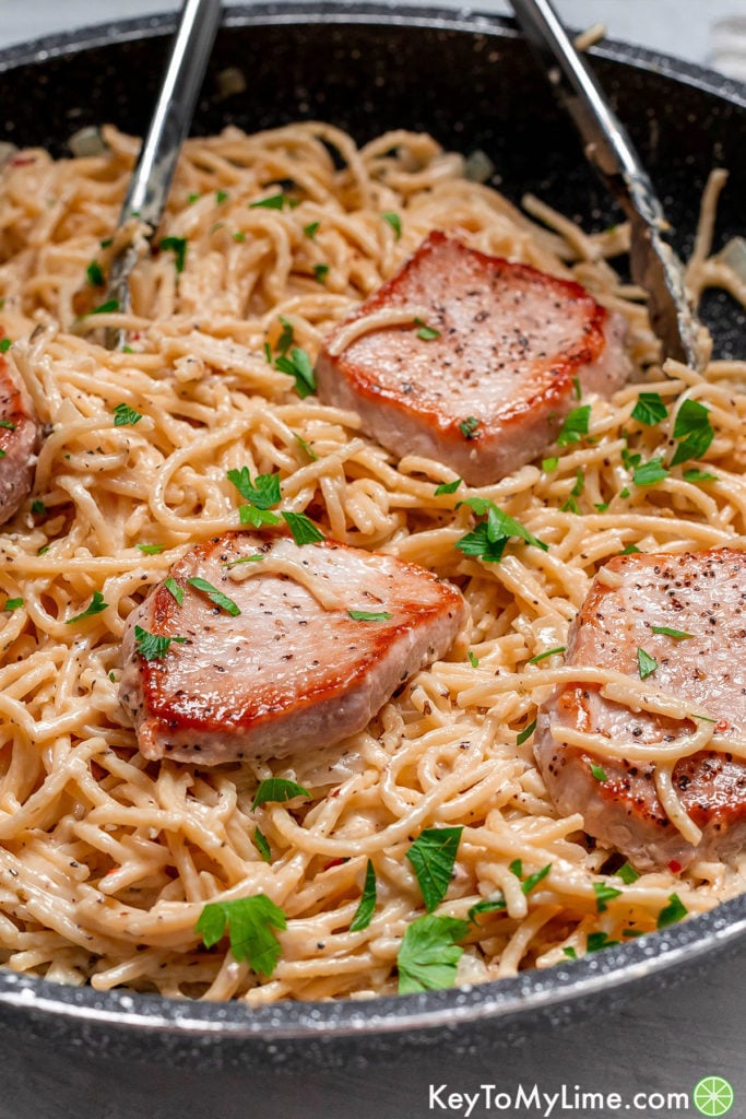BEST Pork Chop Pasta {Creamy Garlic Sauce VIDEO} - Key To My Lime