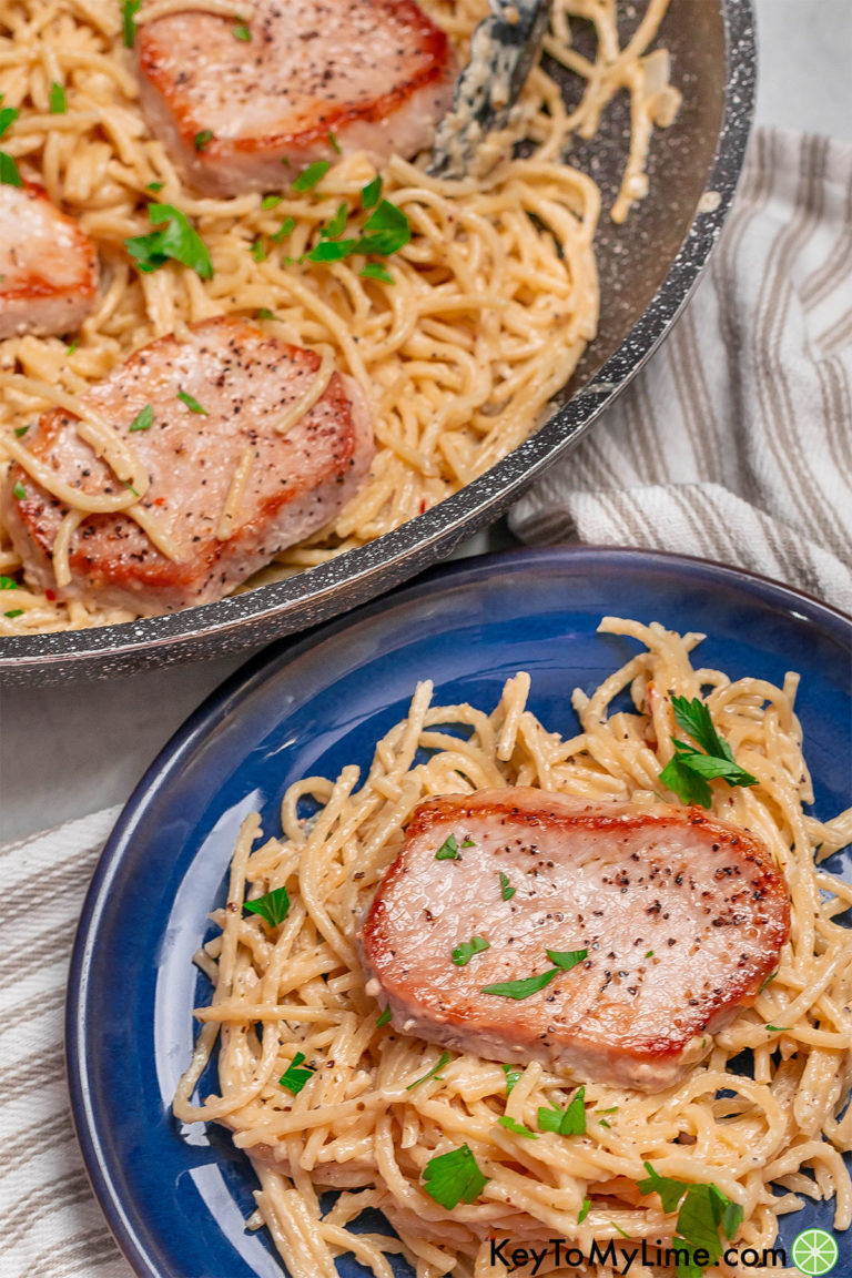 BEST Pork Chop Pasta {Creamy Garlic Sauce VIDEO} - Key To My Lime